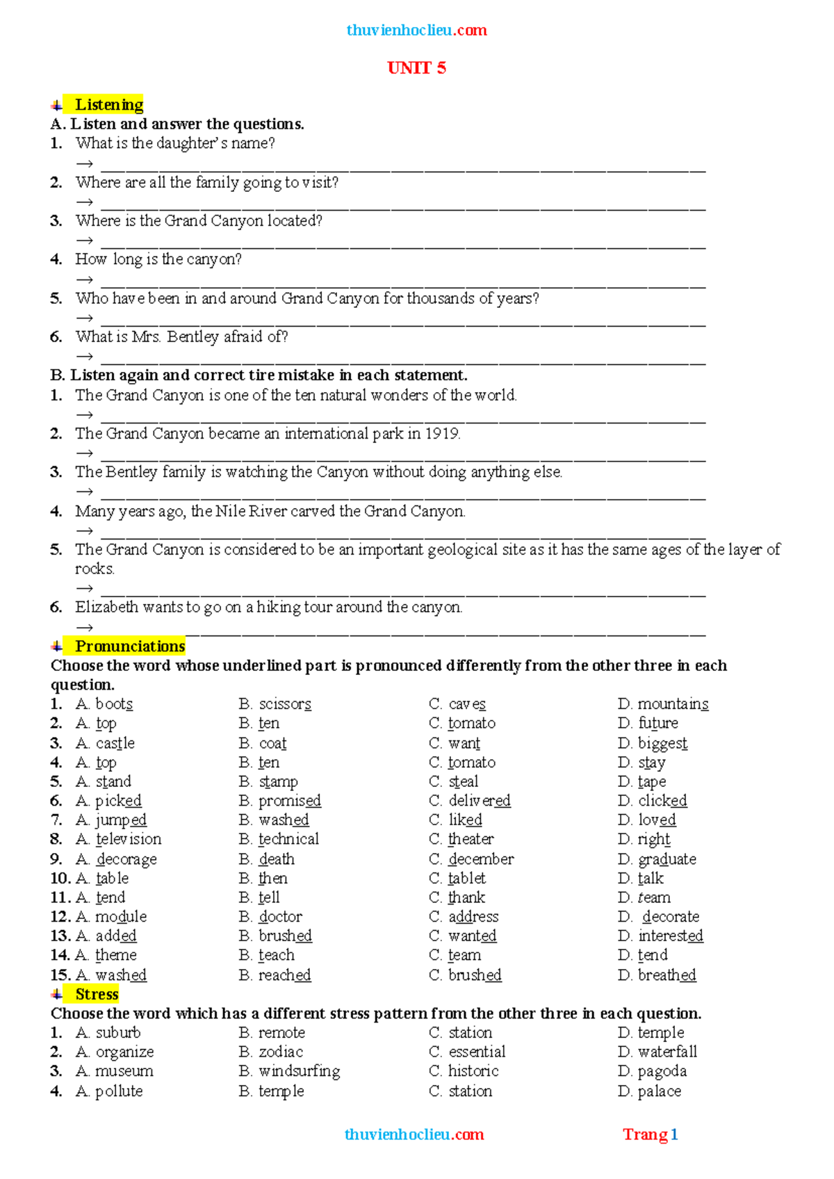 Thuvienhoclieu.com UNIT 5 Listening Practice and Exercises - Studocu