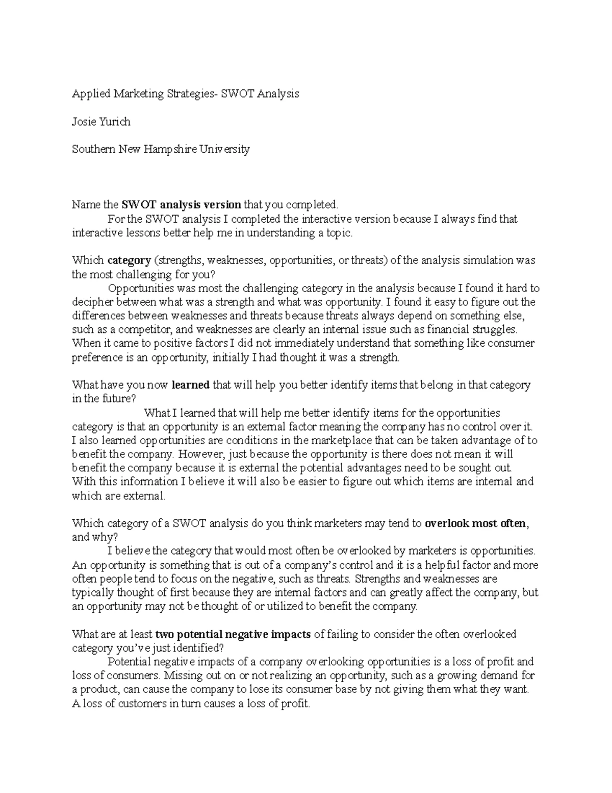 MKT 205: Module 6 SWOT Analysis Activity Insights and Reflections - Studocu