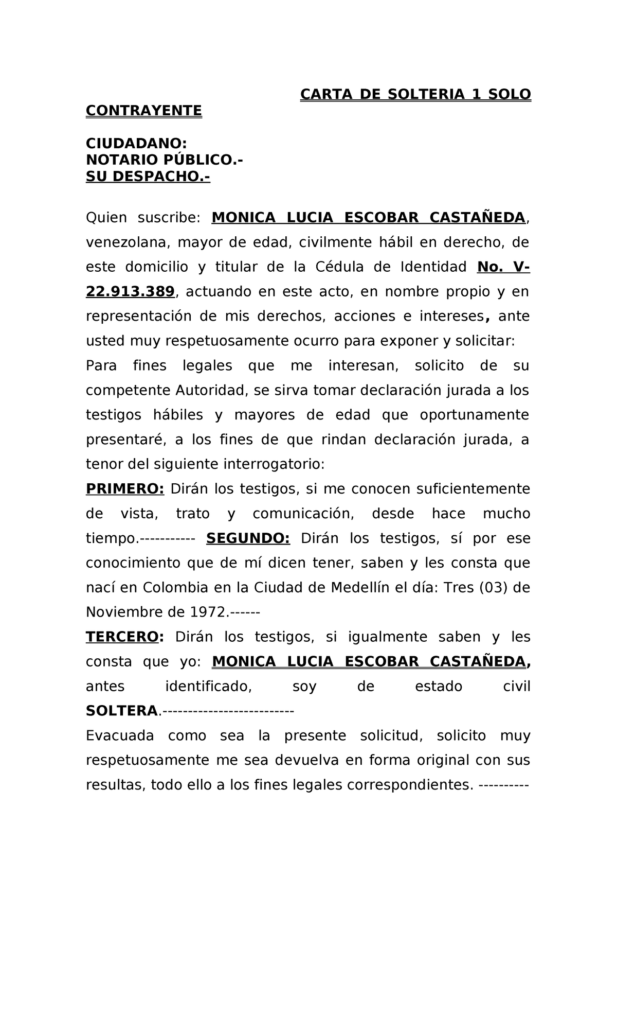 Modelo de Carta de Soltería y Declaración Jurada VD-01 - Studocu
