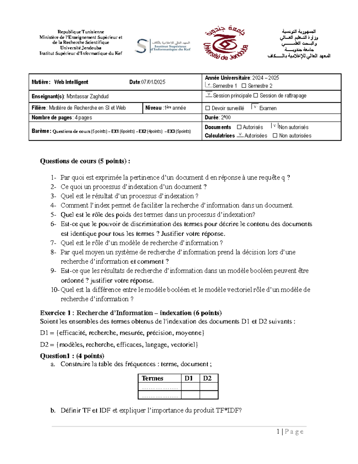 Examen de Web Intelligence M1 Sem1 2024 - Devoir Surveillé - Studocu