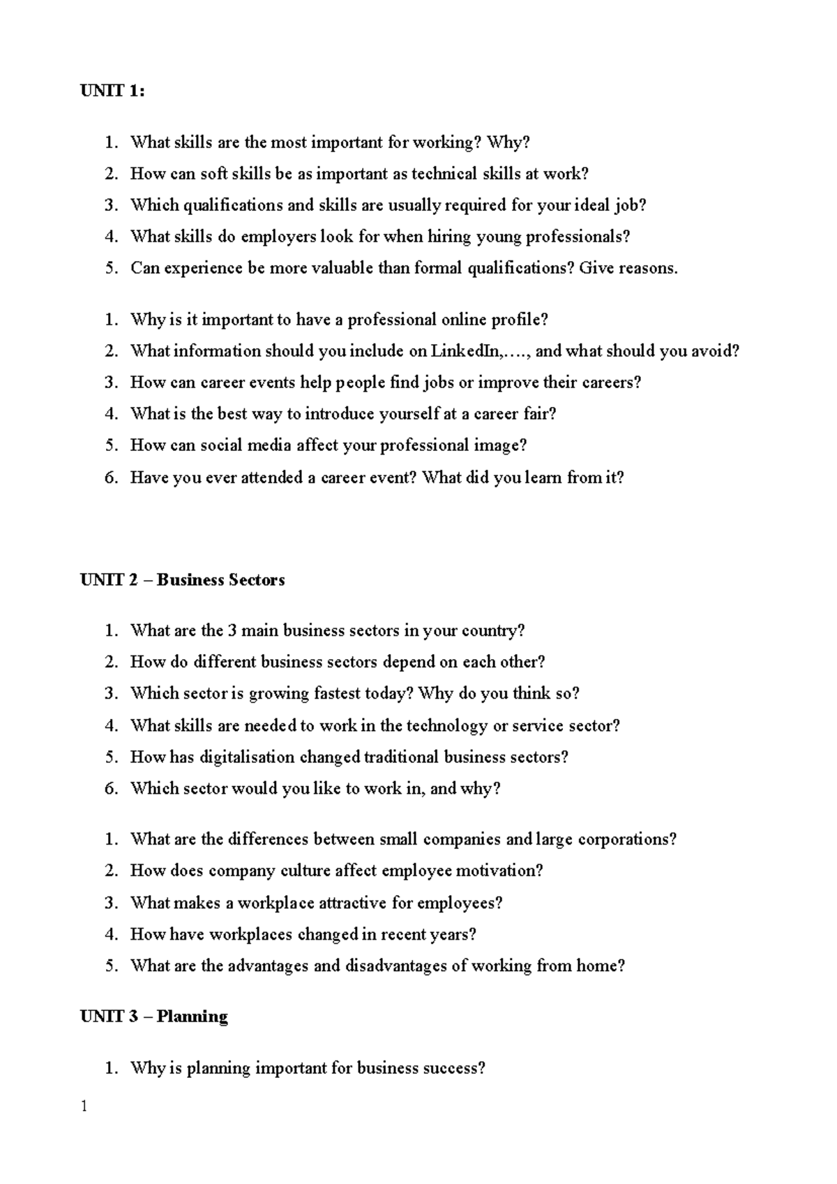 BP1: Unit 1-3 Review Questions on Skills, Business Sectors, and ...
