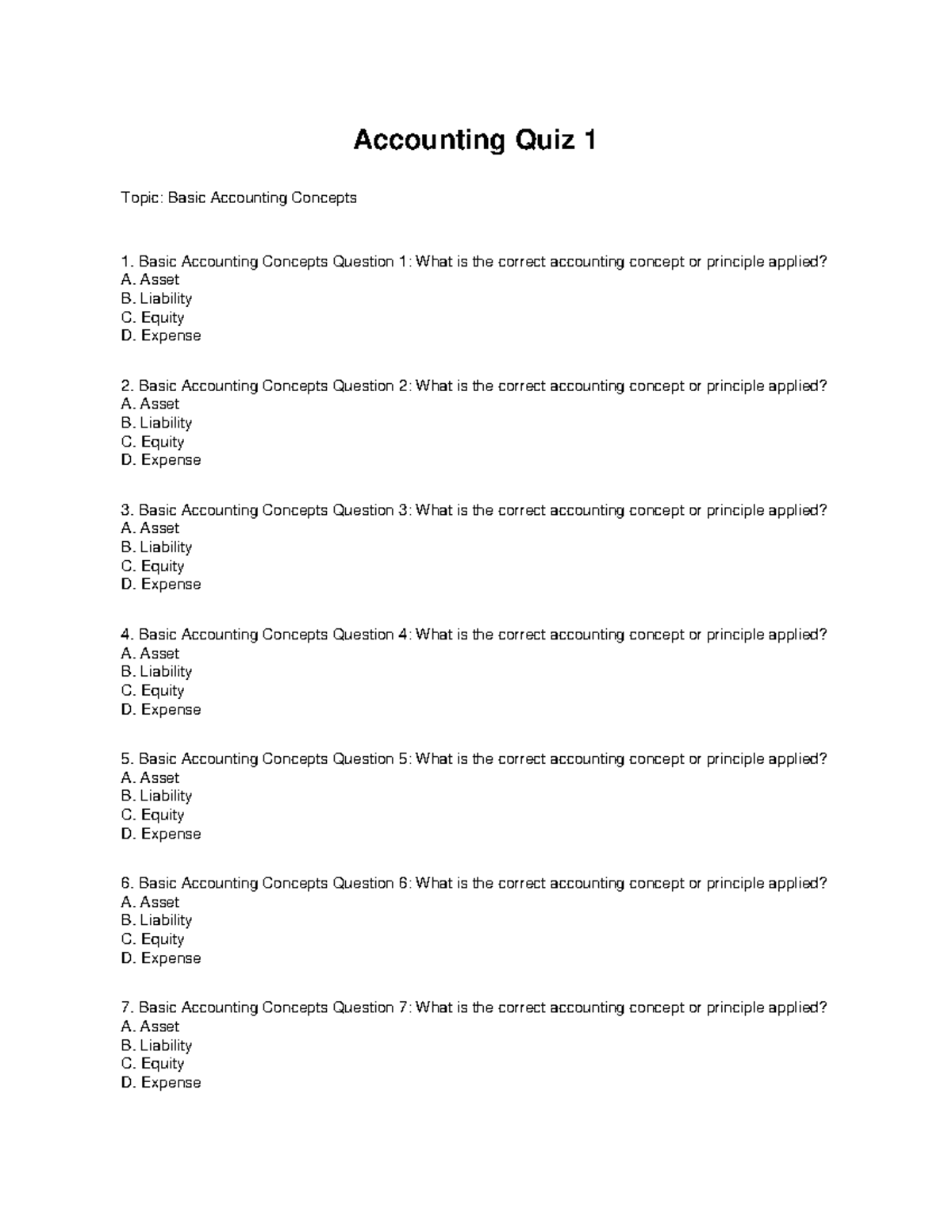 Accounting Quiz 1: Basic Accounting Concepts Questions - Studocu