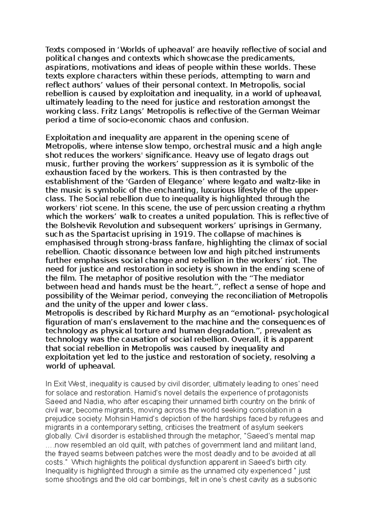 ENG4U Related Text Essay: Examining Social and Political Upheaval - Studocu