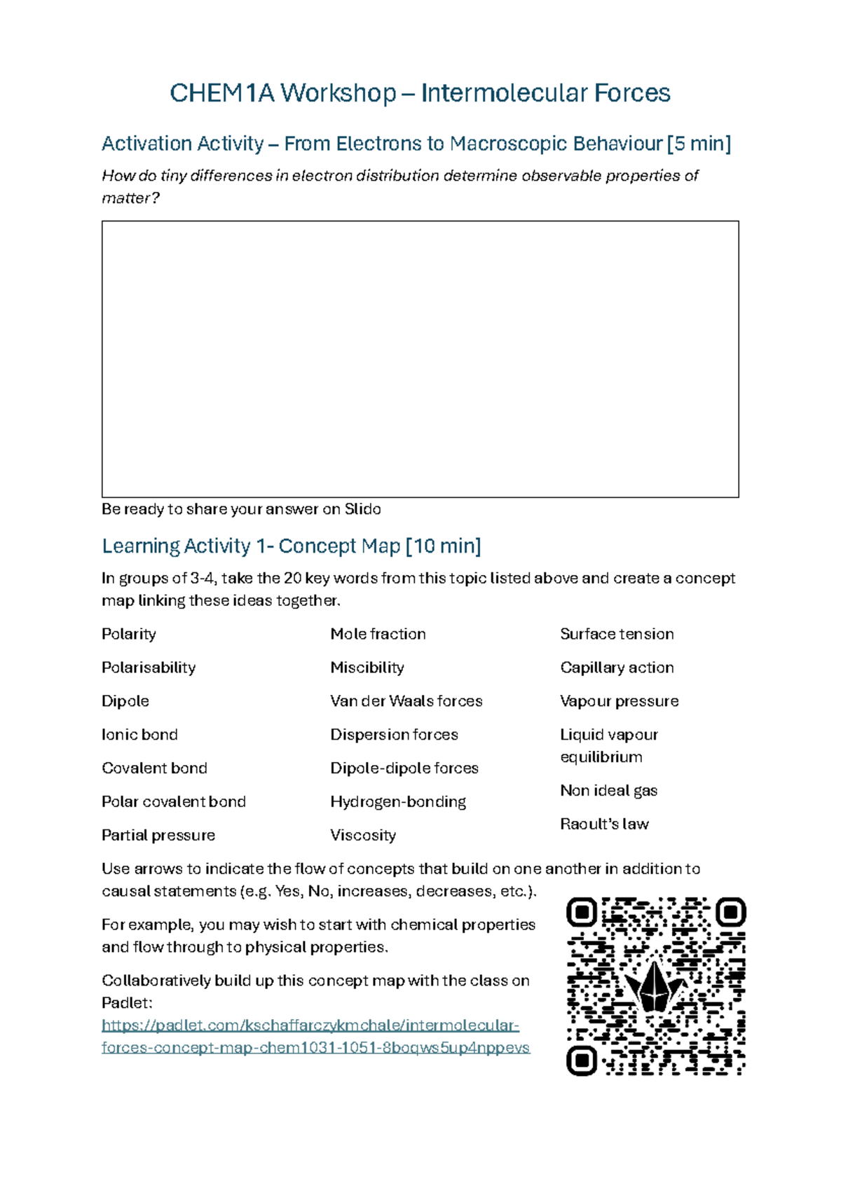 CHEM1A Workshop: Intermolecular Forces Student Activity Guide - Studocu