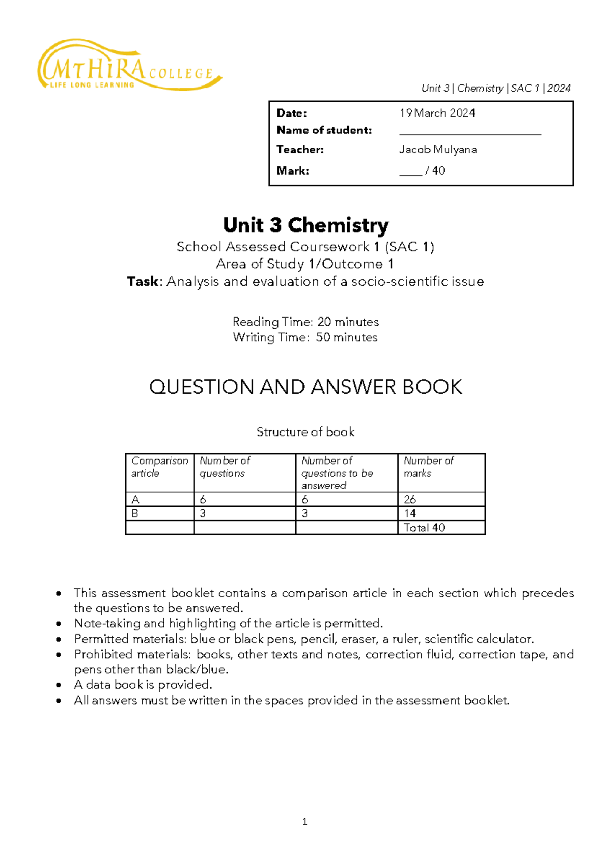 Unit 3 Chemistry 2024 SAC1 - Unit 3 | Chemistry | SAC 1 | 2024 Unit 3 ...