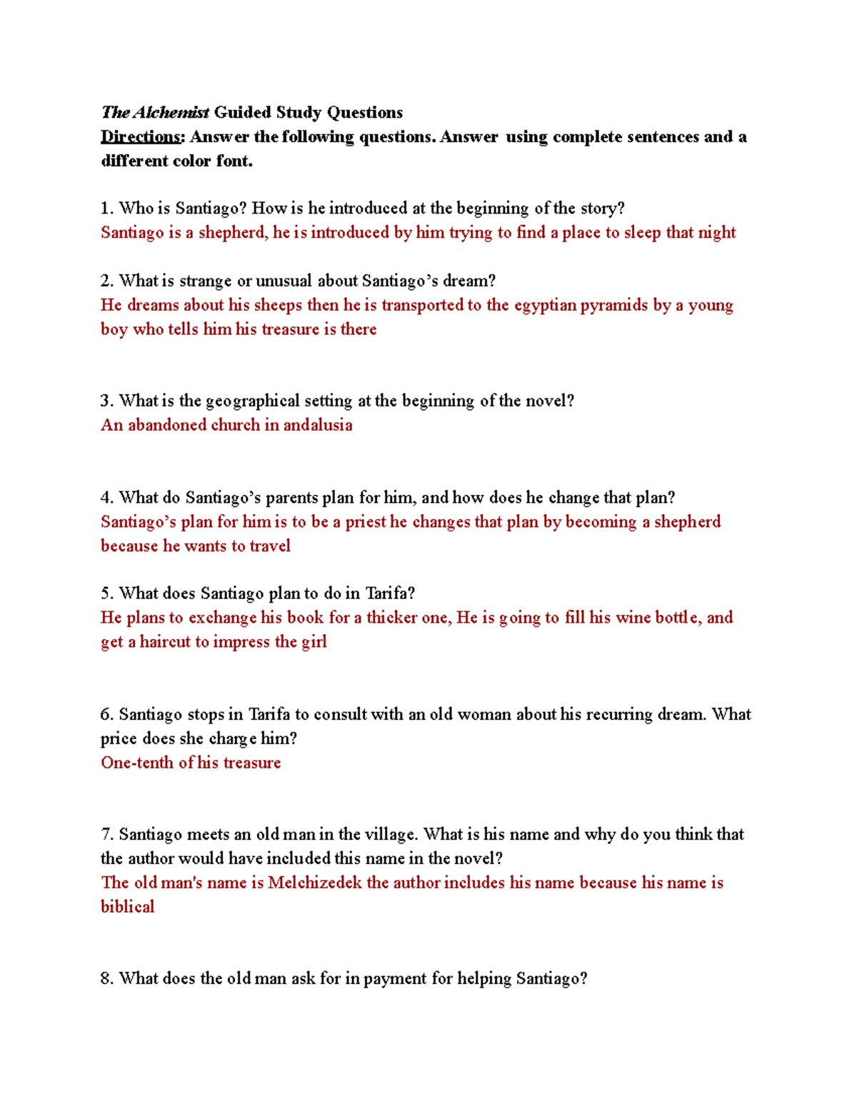 The Alchemist Guided Study Questions - The Alchemist Guided Study ...