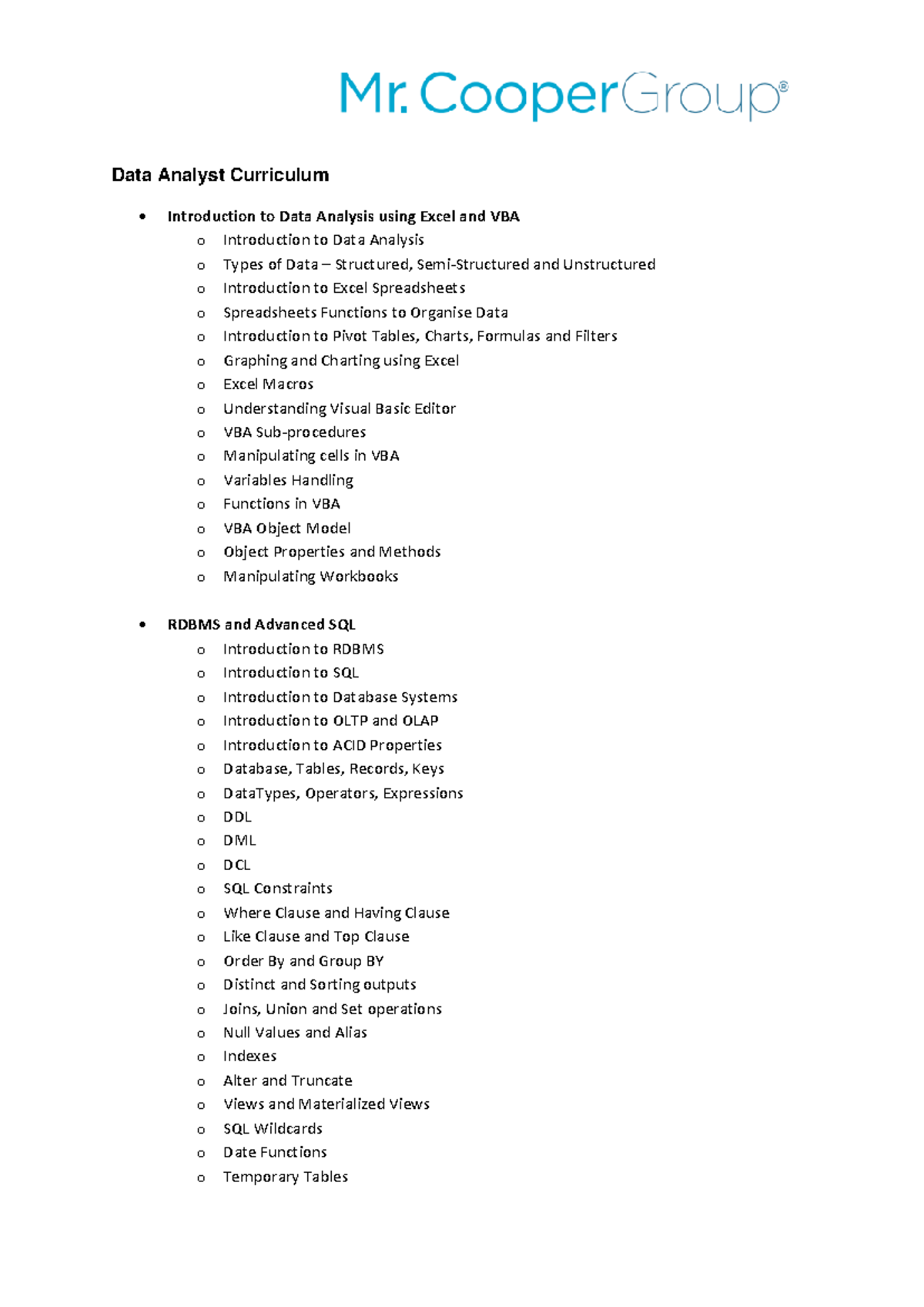 Data Analyst- Curriculum- Mr.Cooper Group - Data Analyst Curriculum ...