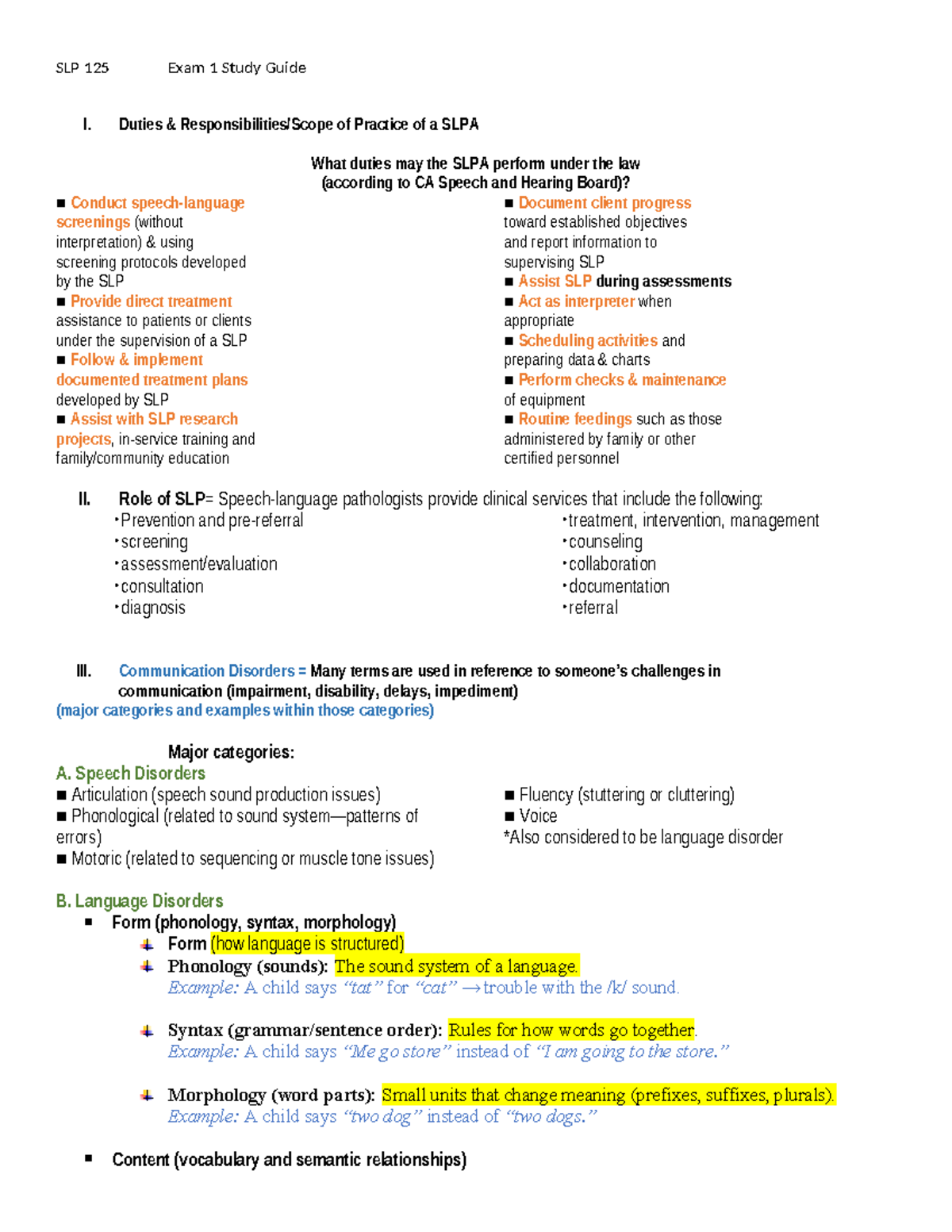 SLP 125 I. Exam 1 Study Guide: Duties and Responsibilities of SLPA ...