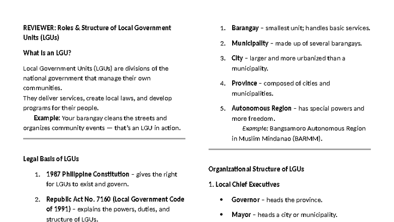 REVIEWER: Roles and Structure of Local Government Units (LGUs) - Studocu
