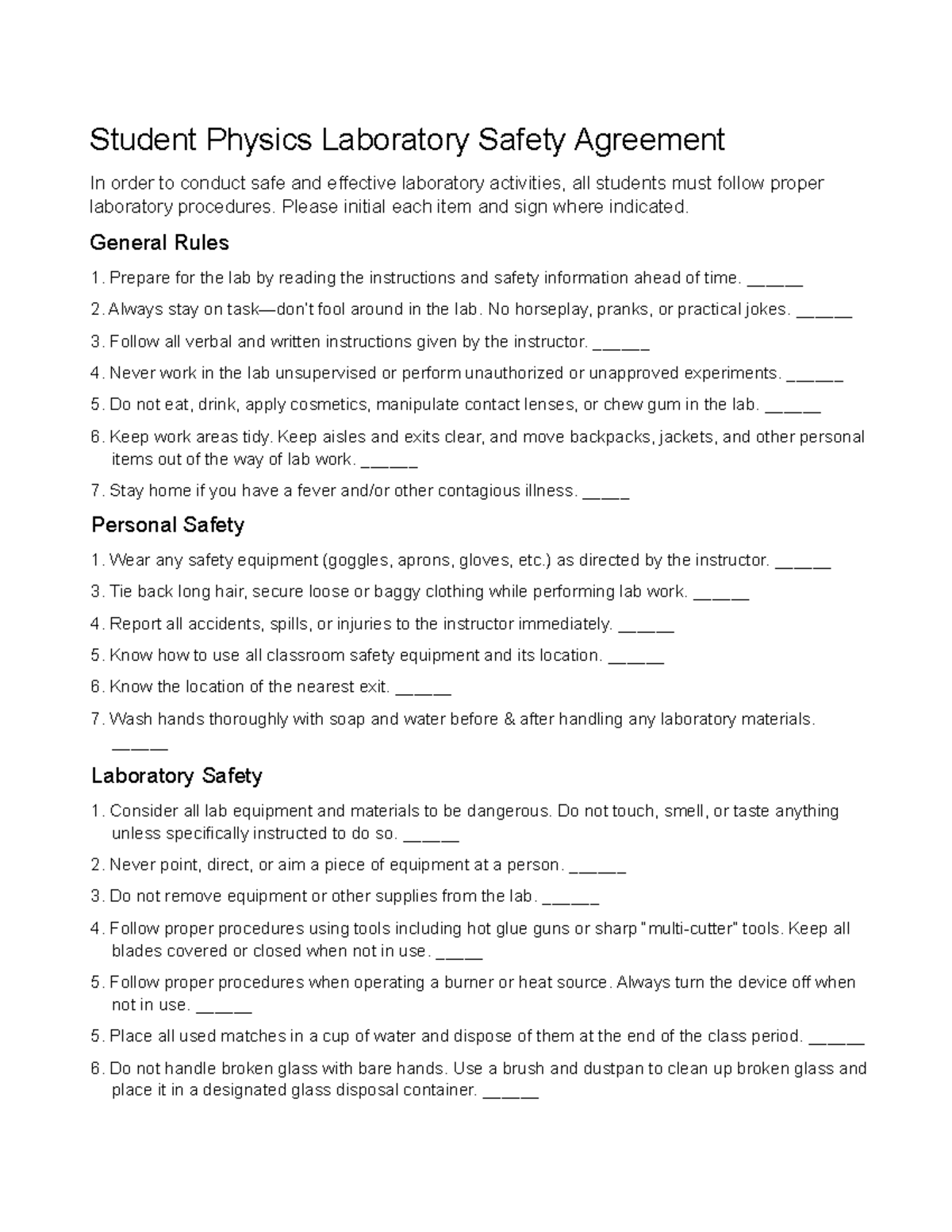 Physics Lab Safety Agreement: Essential Guidelines for Students - Studocu