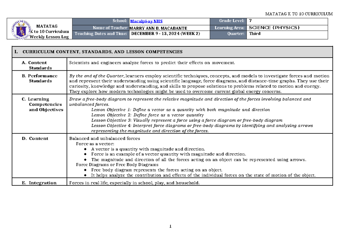DLL Matatag Science 7 Q3 W2: Forces and Motion Lesson Plan - Studocu