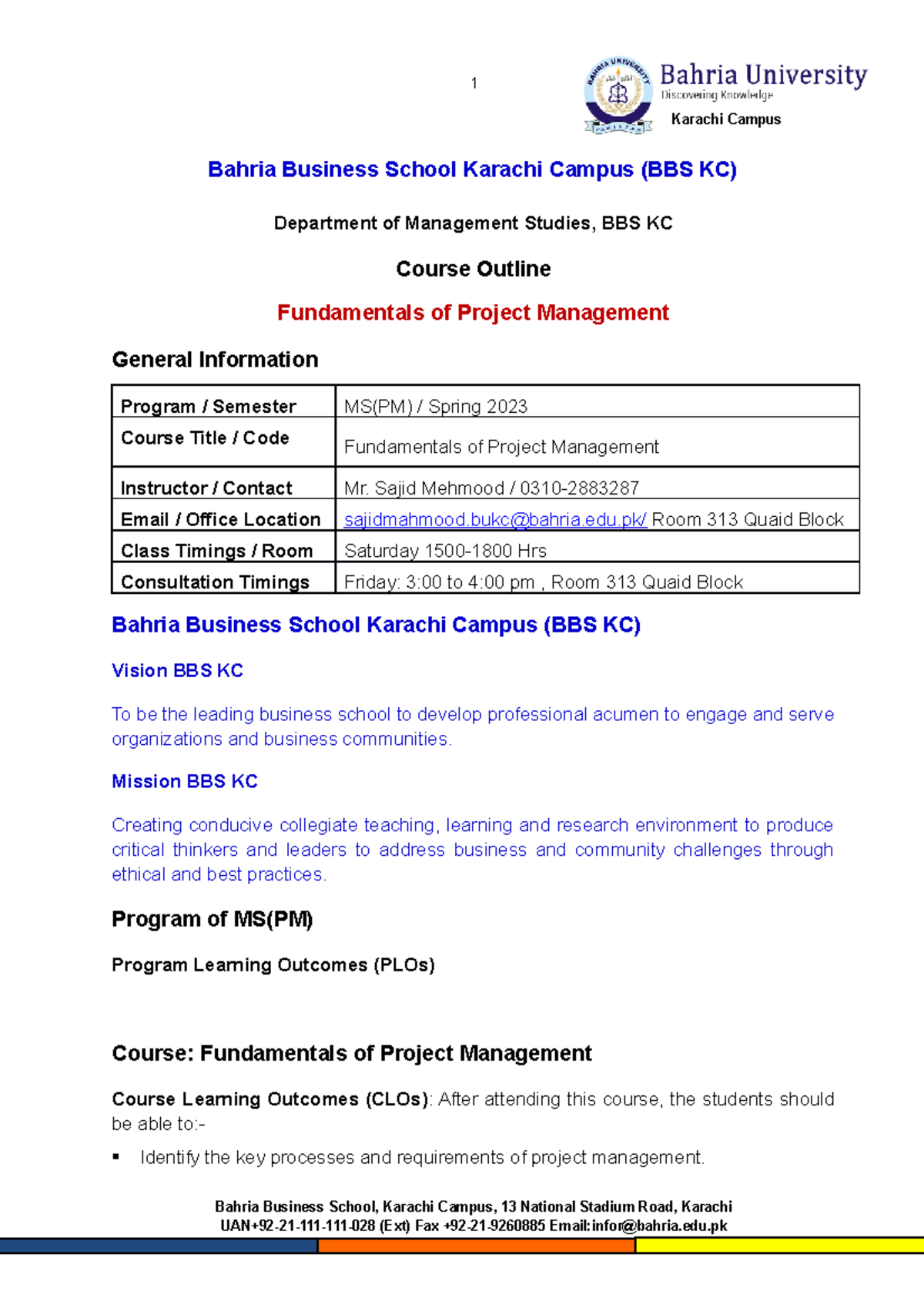 Course Outline MS(PM) - Fundamentals of Project Management 2023 - Studocu