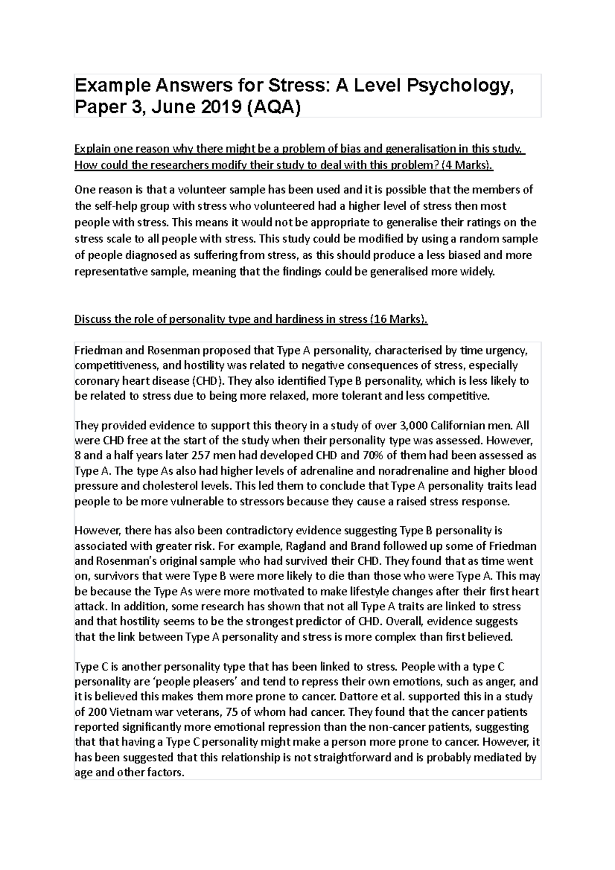 Example Answers for Stress- A Level Psychology, Paper 3, June 2019 (AQA ...