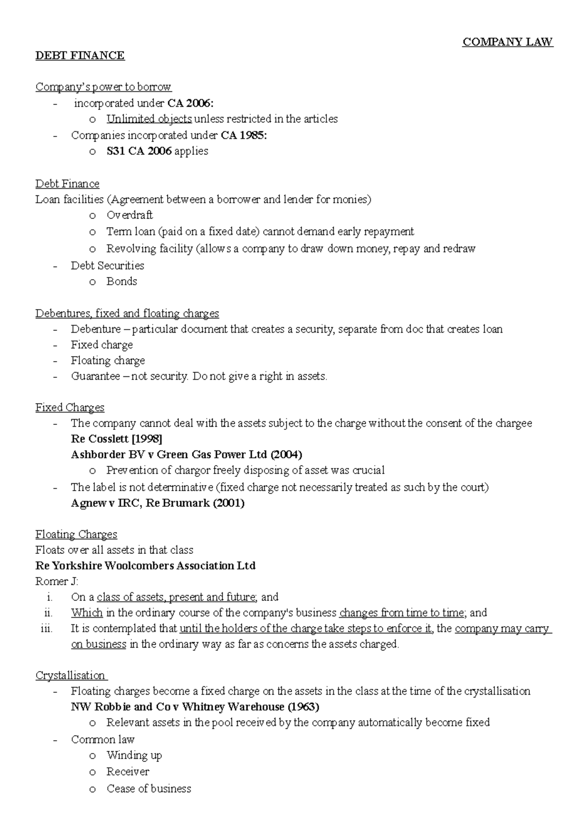 DEBT FINANCE IN COMPANY LAW LECTURE NOTES (CA 2006) - Studocu