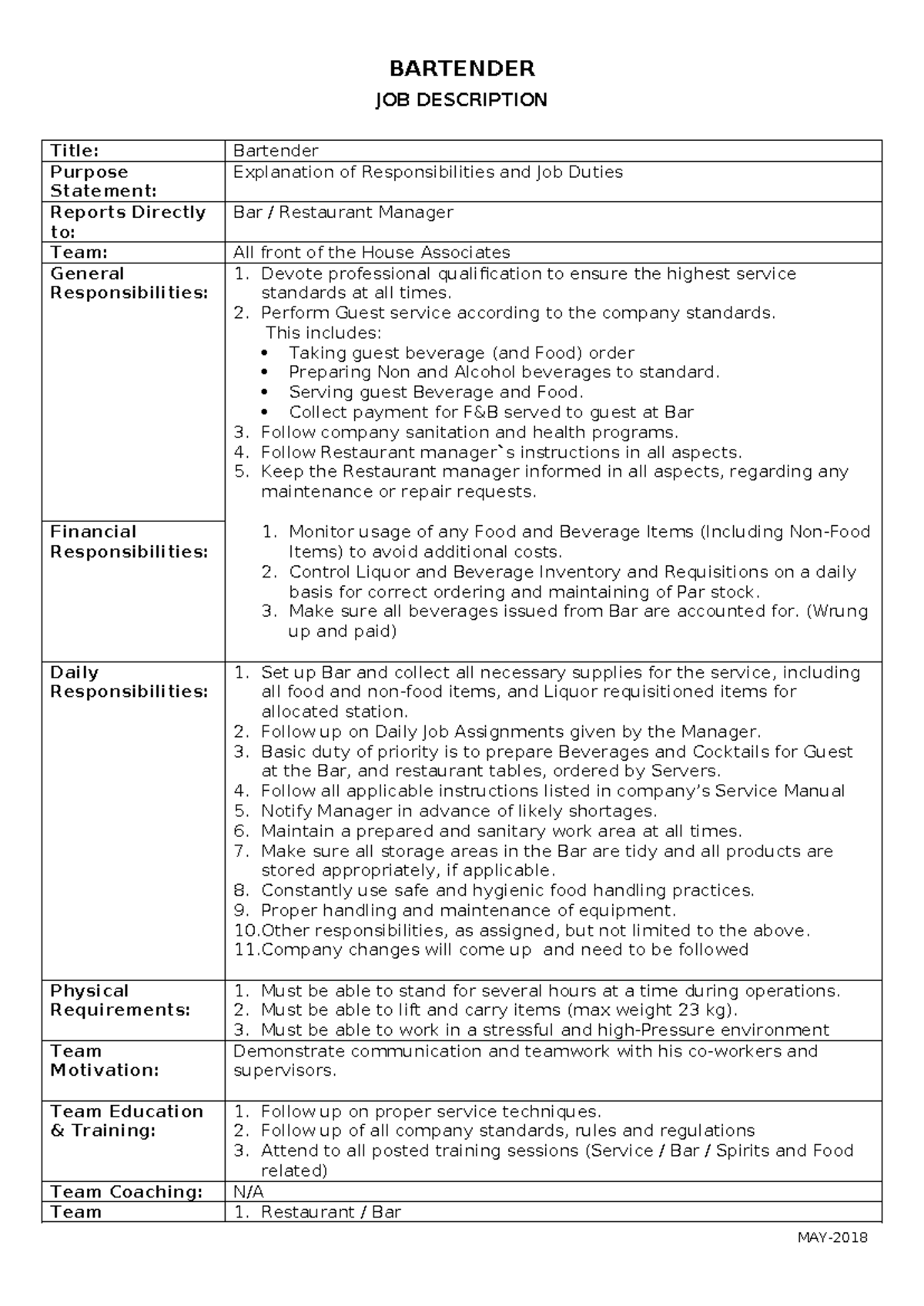 Colegio A wiskunde A - BARTENDER JOB DESCRIPTION Title: Bartender ...