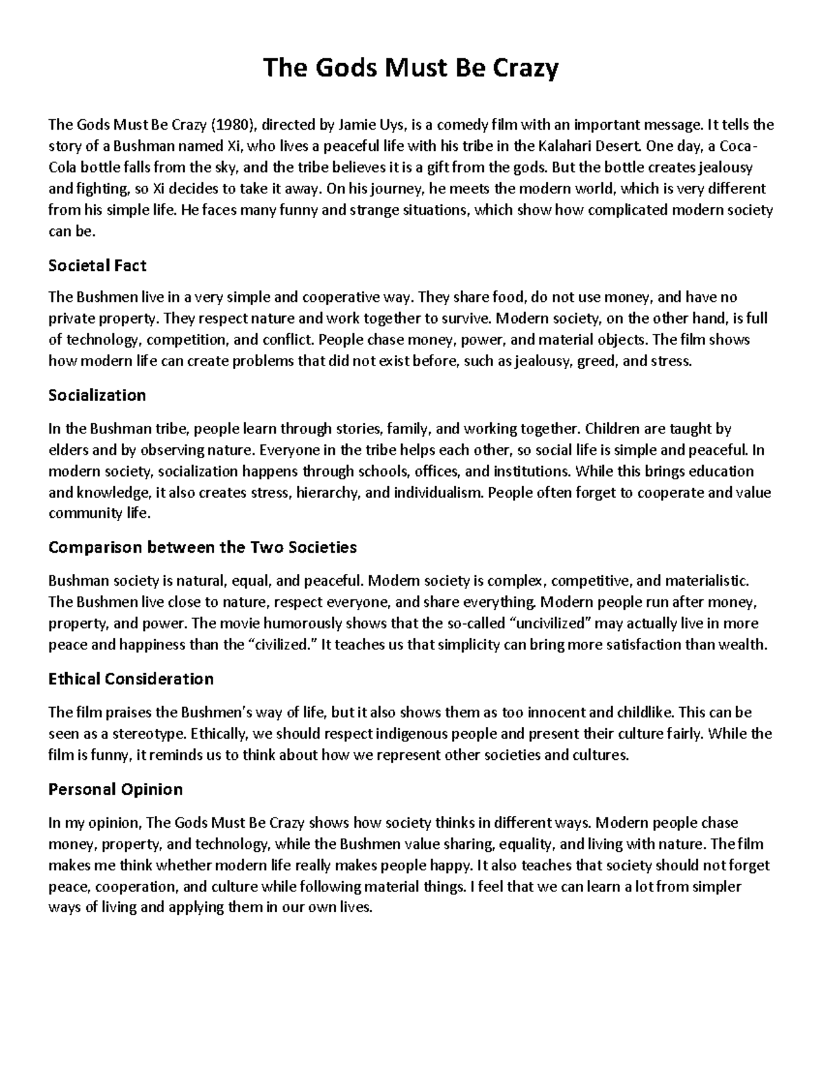 The Gods Must Be Crazy - Film Analysis Assignment - Studocu