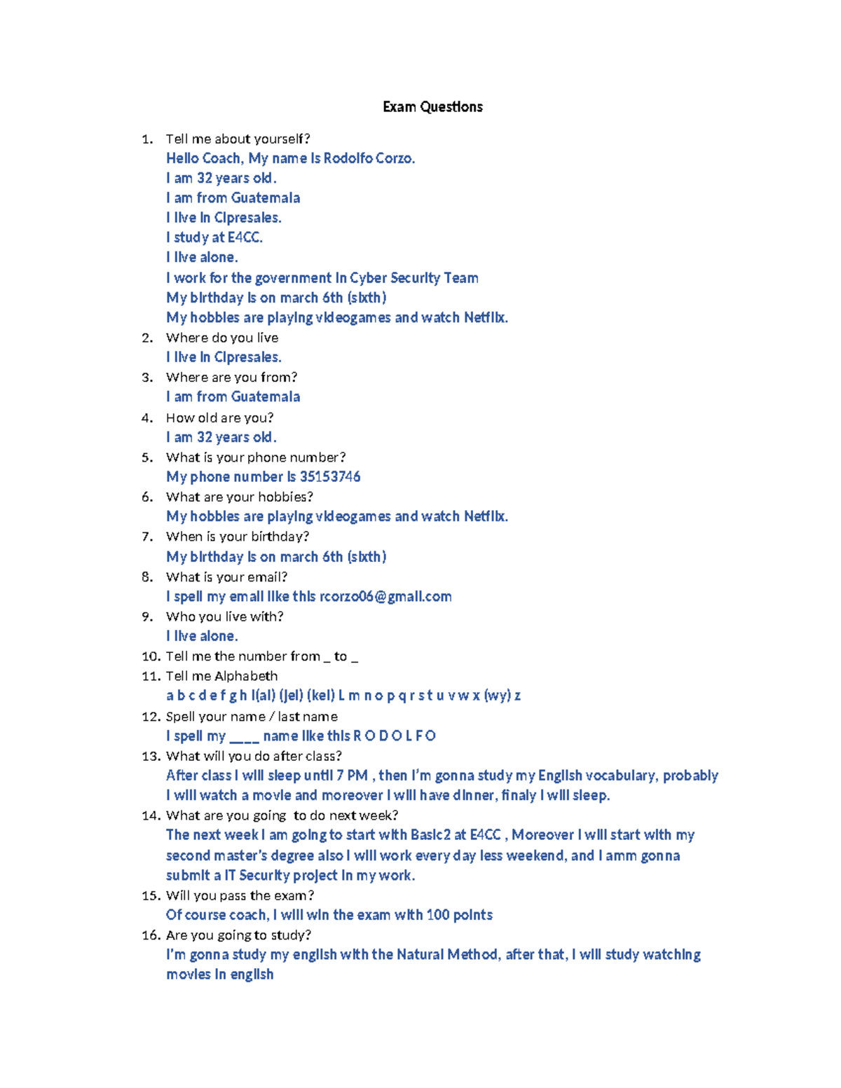 E4CC Exam Questions and Responses: Personal Introduction & Plans - Studocu