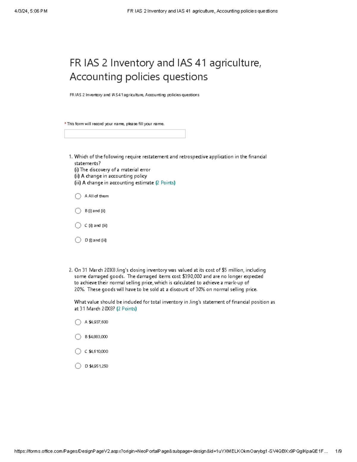 FR IAS 2 & IAS 41: Accounting Policies Exam Questions Guide - Studocu