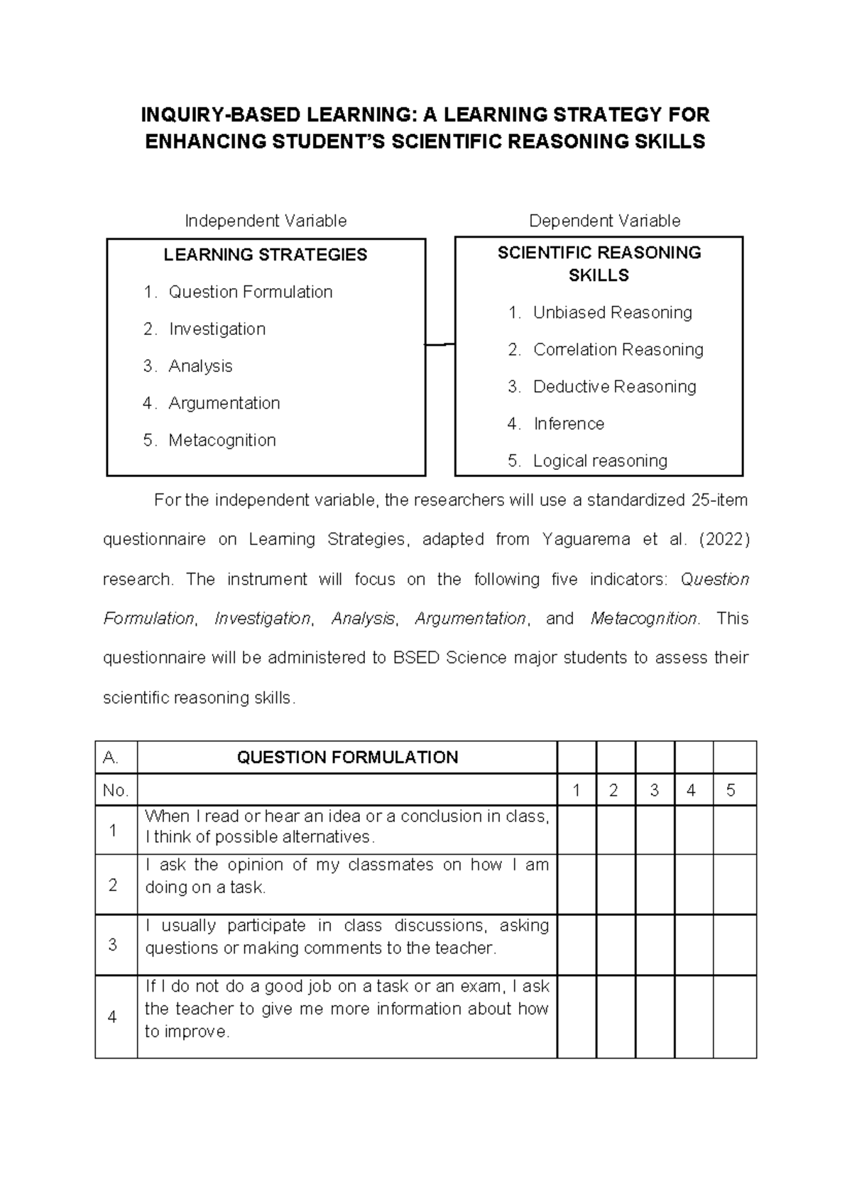 Final Questionnaire: Enhancing Scientific Reasoning Skills in BSED ...