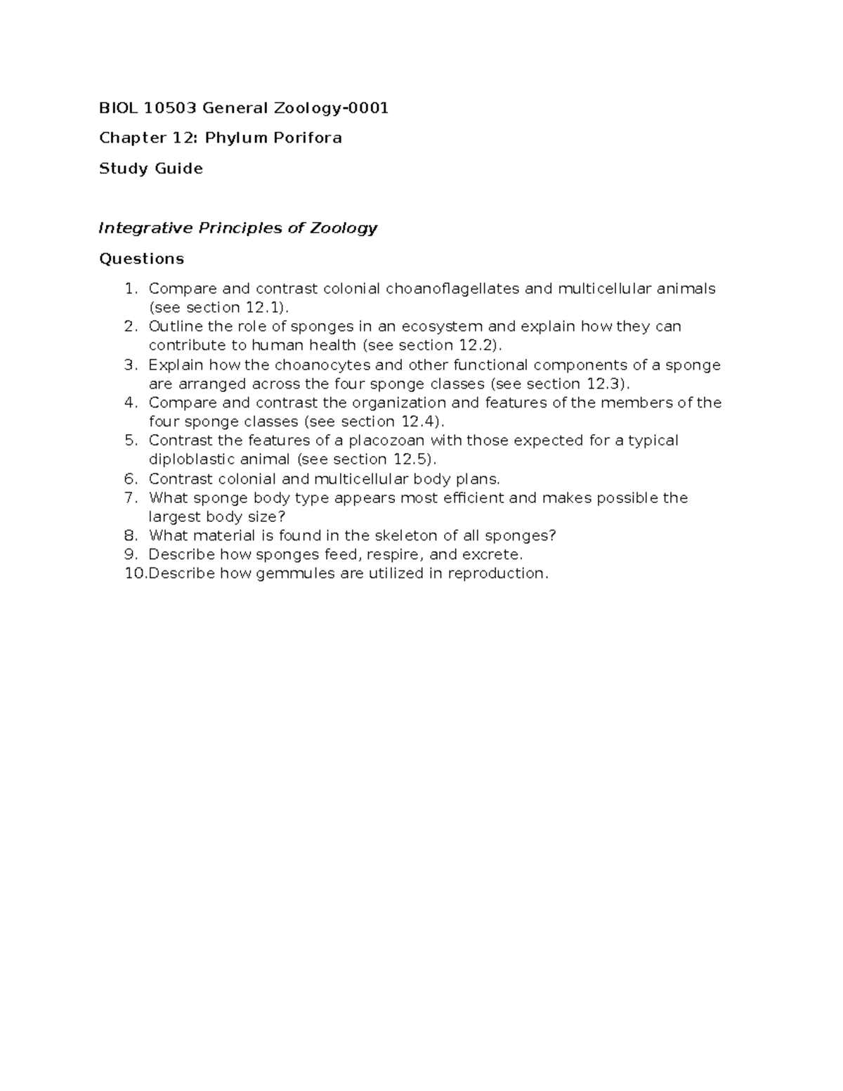 BIOL 10503 General Zoology Study Guide: Insights on Phylum Porifera ...