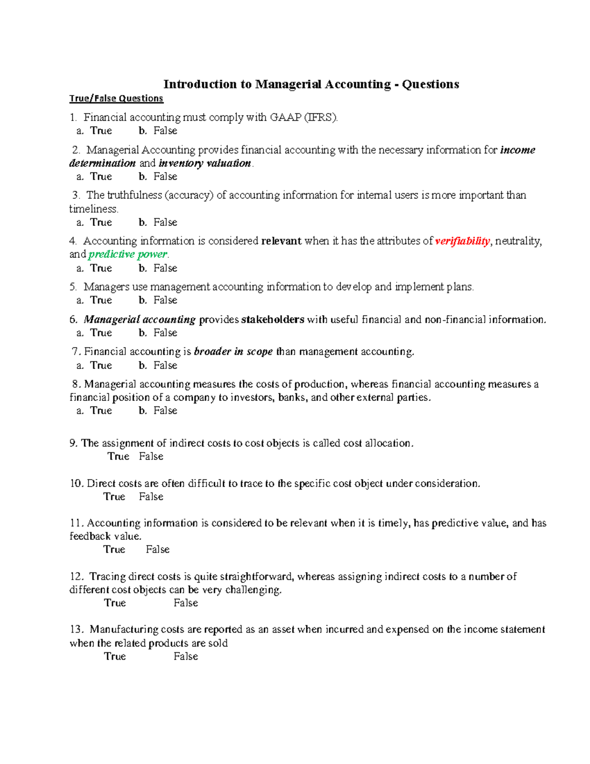 Chapter 1: Introduction to Managerial Accounting - Questions & Answers ...