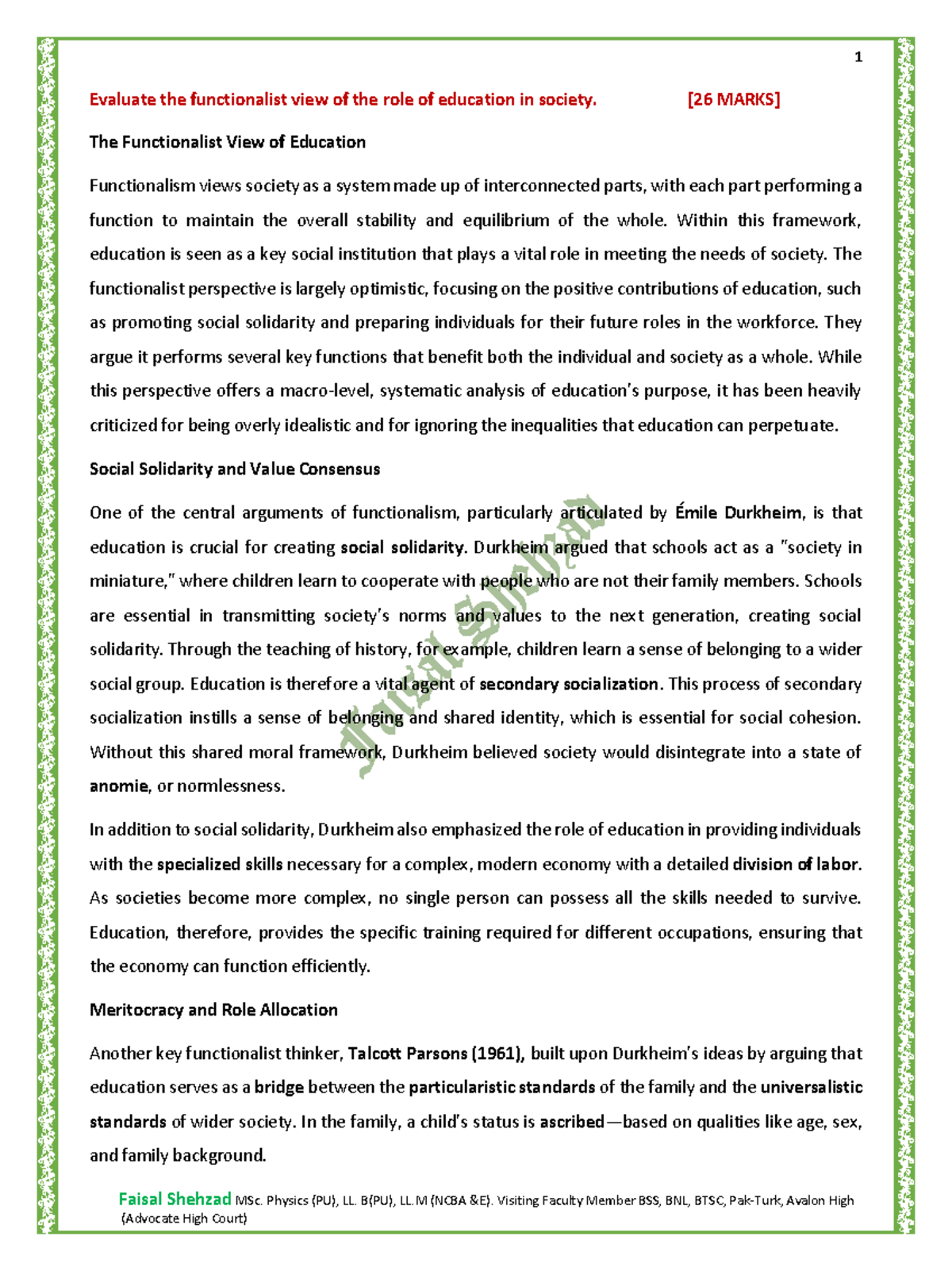 Evaluating the Functionalist Perspective on Education in Society - Studocu