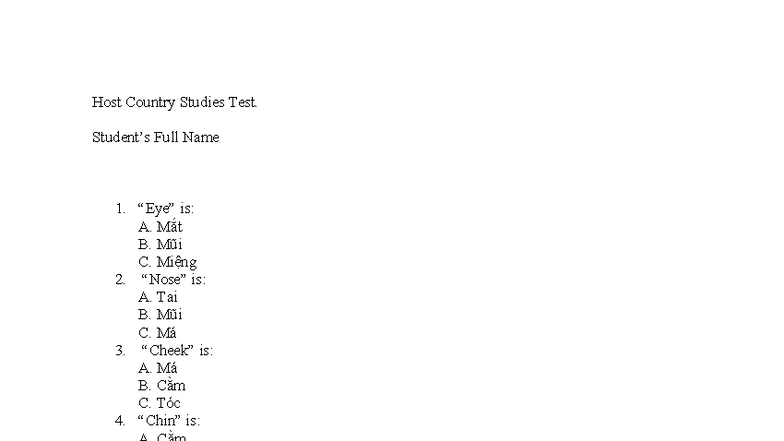 Host Country Studies Test: Body Parts & Shapes Quiz - Studocu