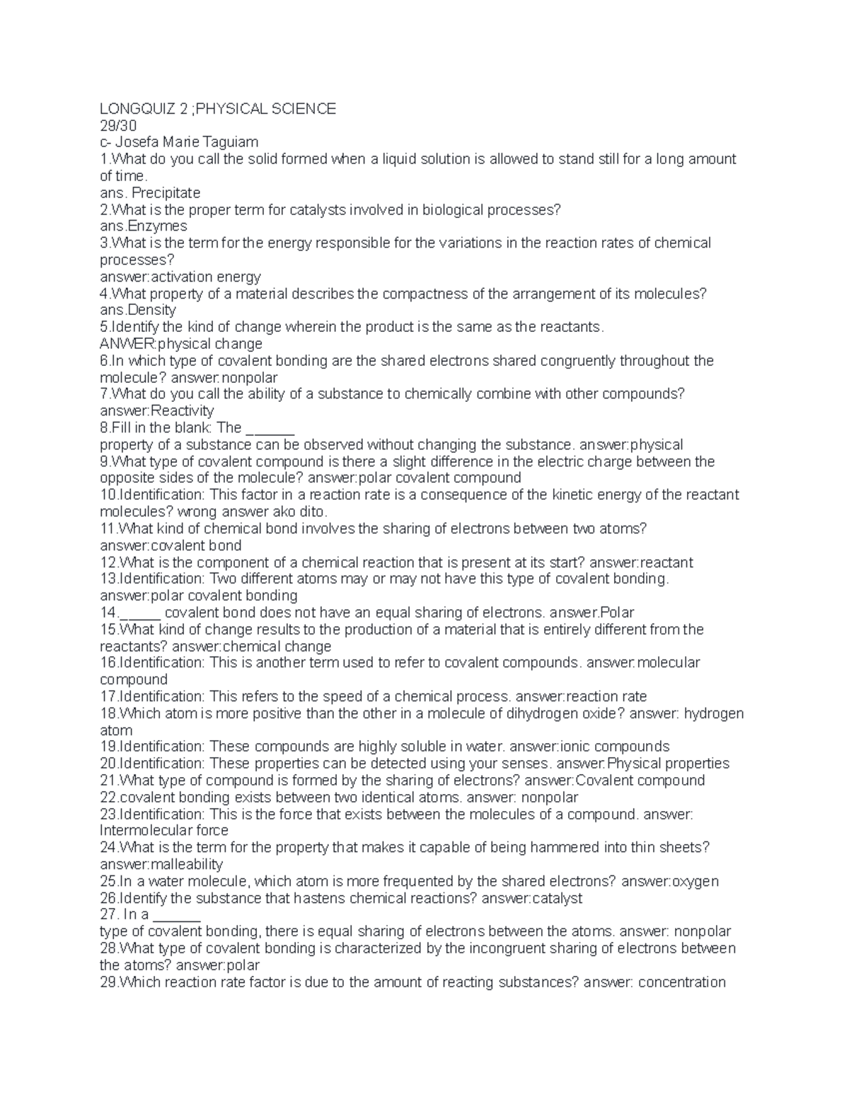 Physical Science Long Quiz and Activities Summary (Weeks 1-20) - Studocu