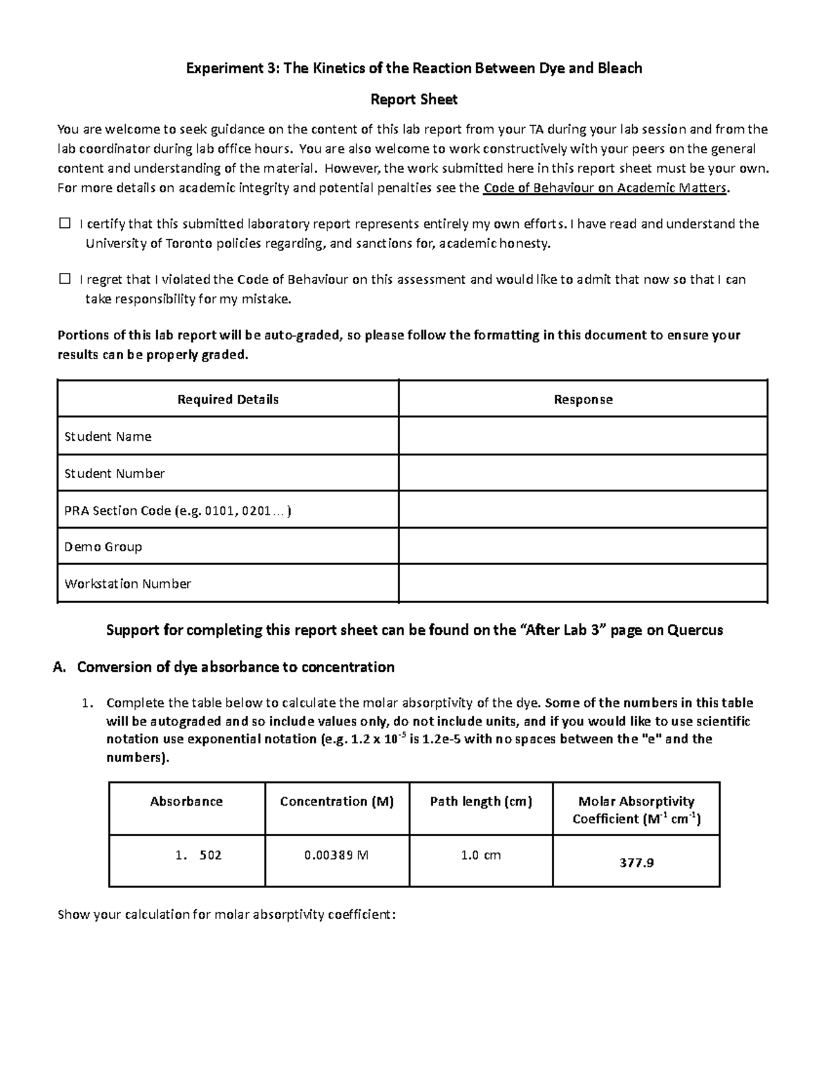 CHM135 Lab 3: Kinetics of Dye and Bleach Reaction Report Sheet - Studocu