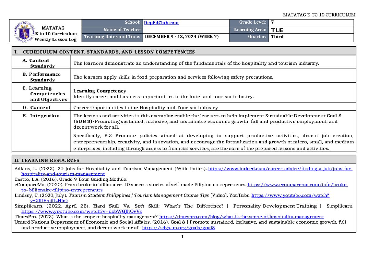 DLL Matatag TLE 7 Q3 W2 - dll - MATATAG K to 10 Curriculum Weekly Lesson Log School: DepEdClub ...