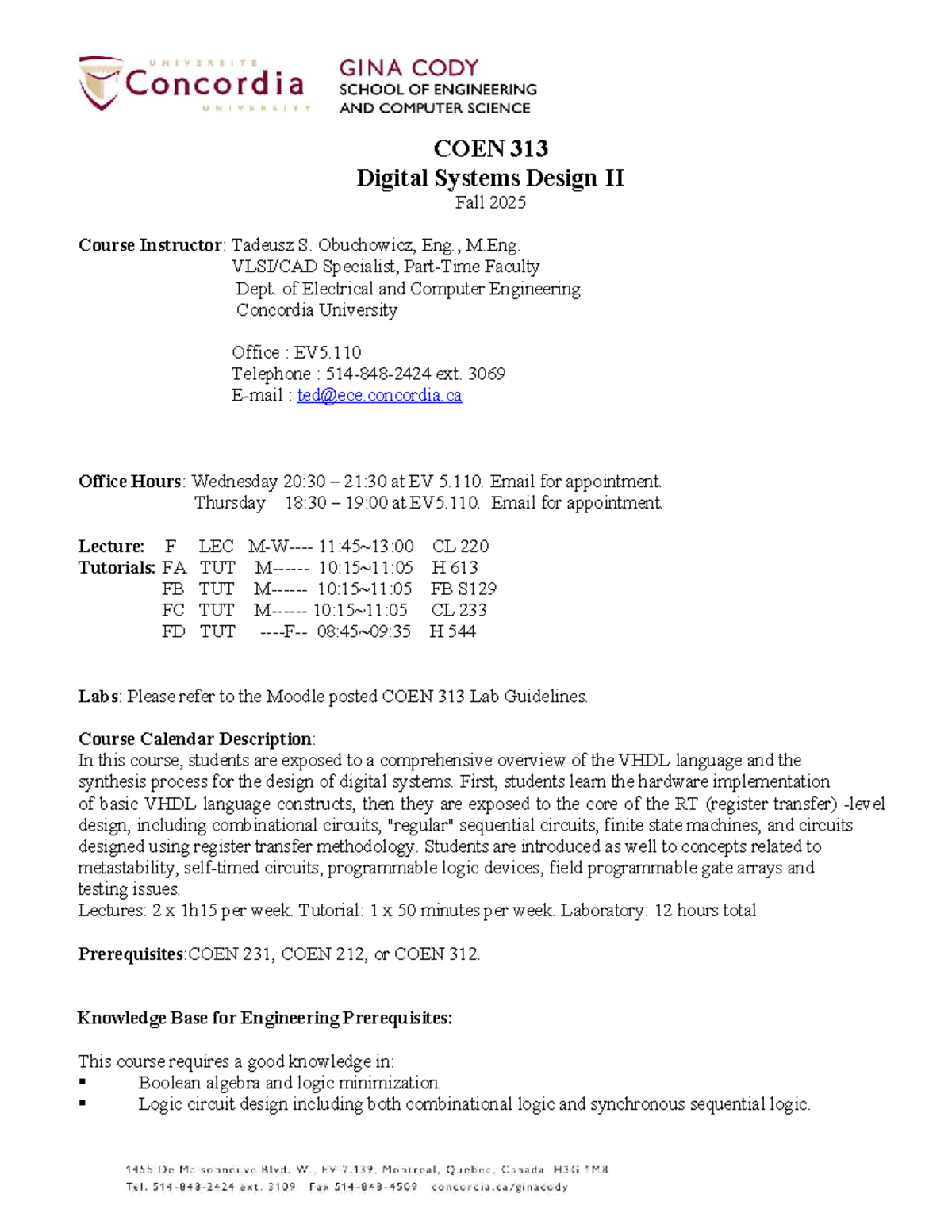 COEN 313 Digital Systems Design II - Fall 2025 Course Outline - Studocu