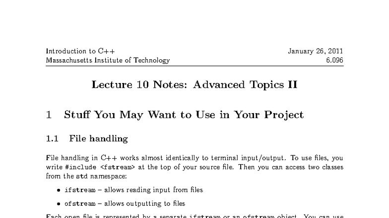 MIT 6.096 Lecture 10 Notes: Advanced Topics II (Jan 26, 2011) - Studocu
