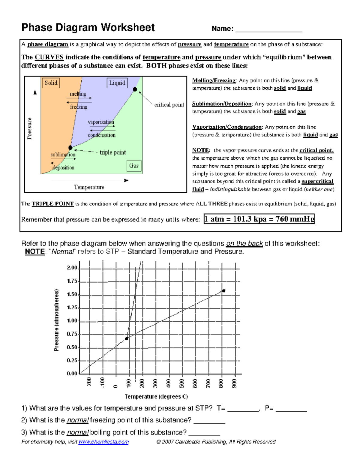 Phase Diagram Worksheet - For chemistry help, visit chemfiesta © 2007 Cavalcade Publishing, All ...
