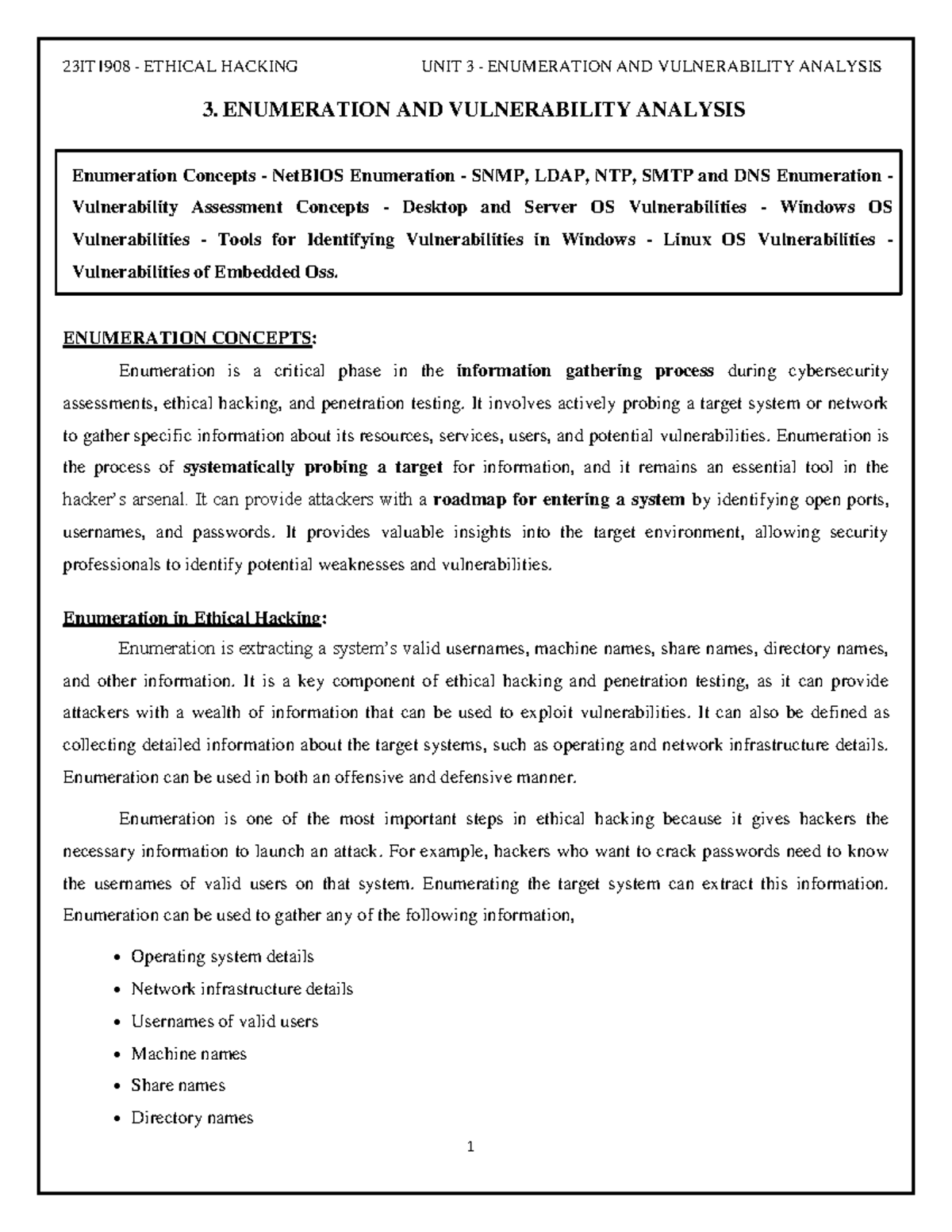 23IT1908 ETHICAL HACKING UNIT 3: ENUMERATION & VULNERABILITY ANALYSIS - Studocu