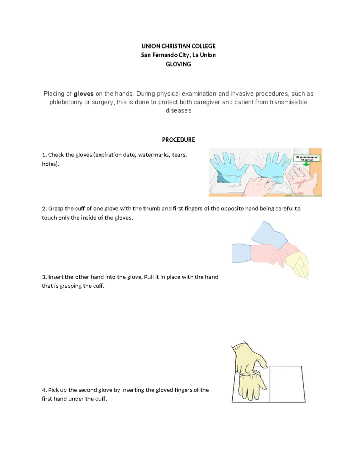 UNION CHRISTIAN COLLEGE GLOVING Lecture Notes on Glove Placement - Studocu