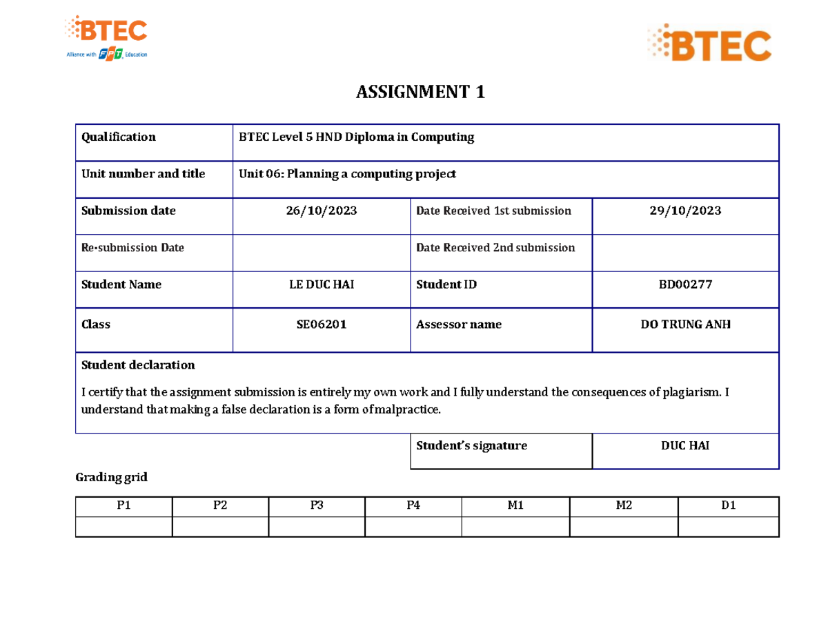 7407 SE06201 BD00277 ASM1 Leduchai - ASSIGNMENT 1 Qualification BTEC Level 5 HND Diploma in ...