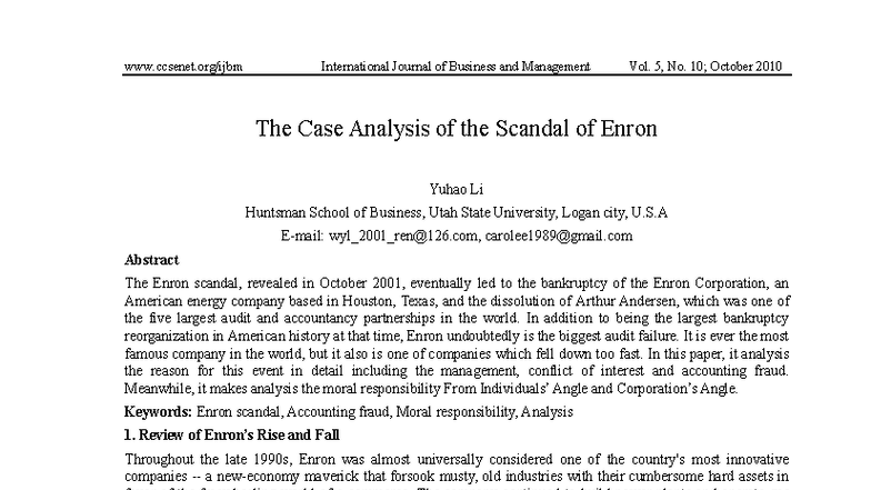 Case Study: Analyzing the Enron Scandal - BUS 101 - Studocu