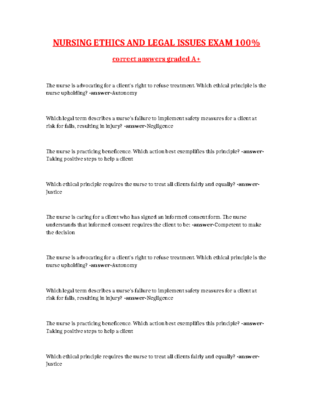 NURS 301: Nursing Ethics & Legal Issues Exam Review Guide - Studocu