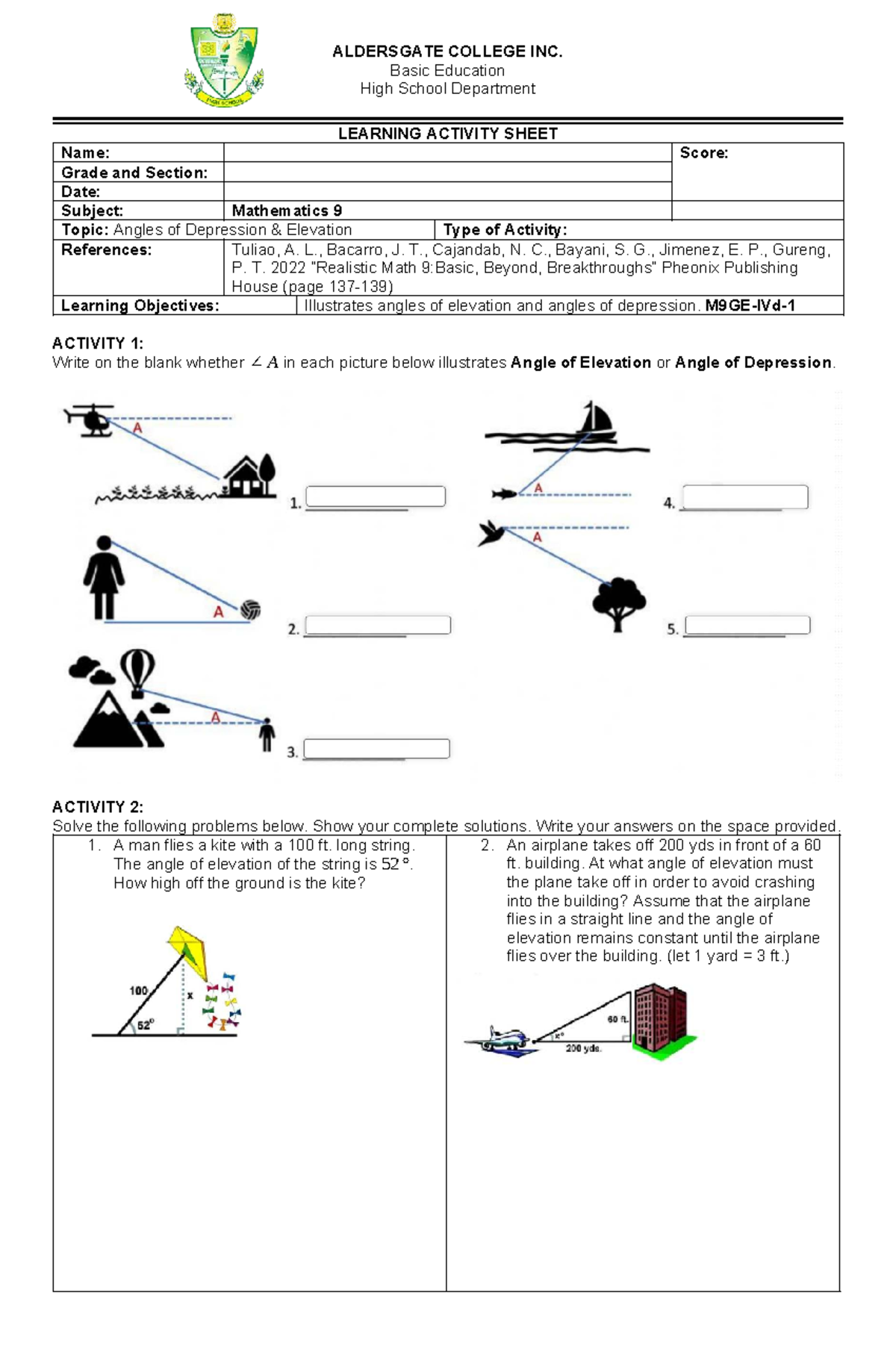 Math 9: Learning Activity Sheet on Angles of Elevation & Depression ...