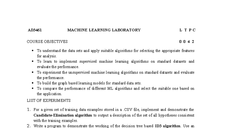 AD3461 Machine Learning Lab: Course Objectives & Experiments - Studocu