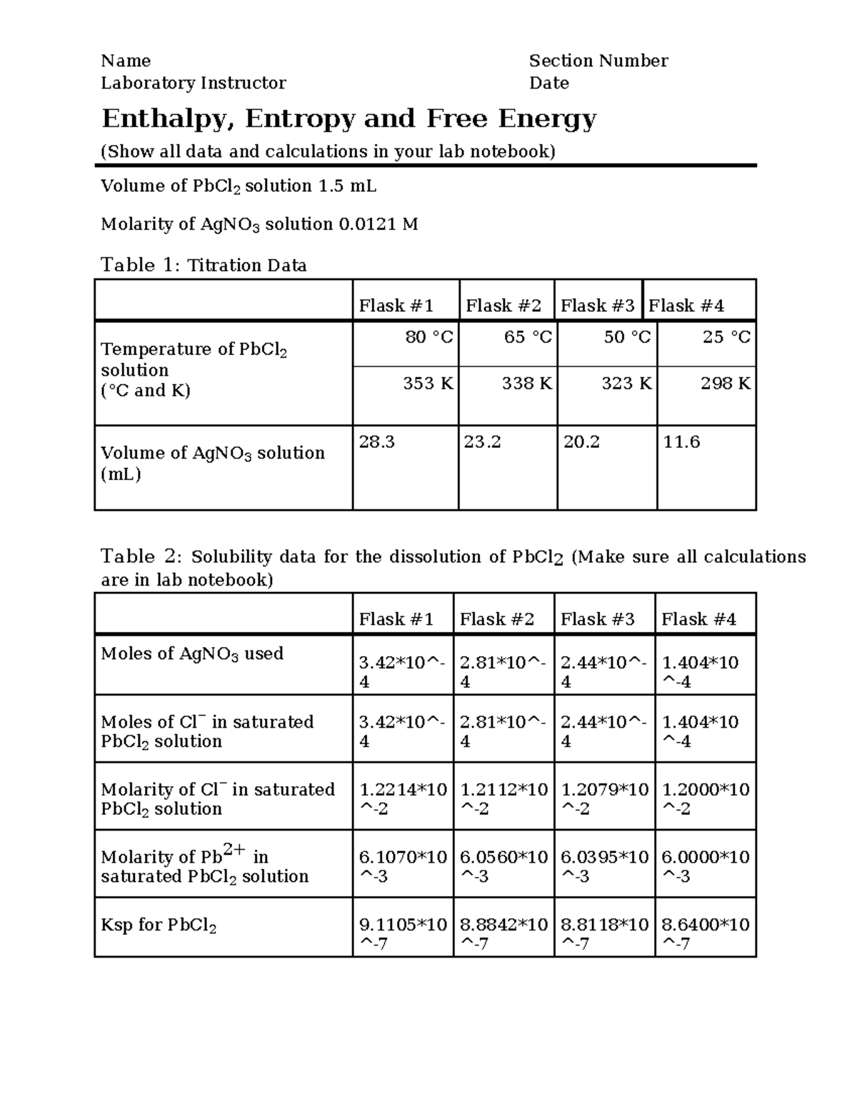 Chemistry Lab Report: Enthalpy, Entropy & Free Energy (09) - Studocu