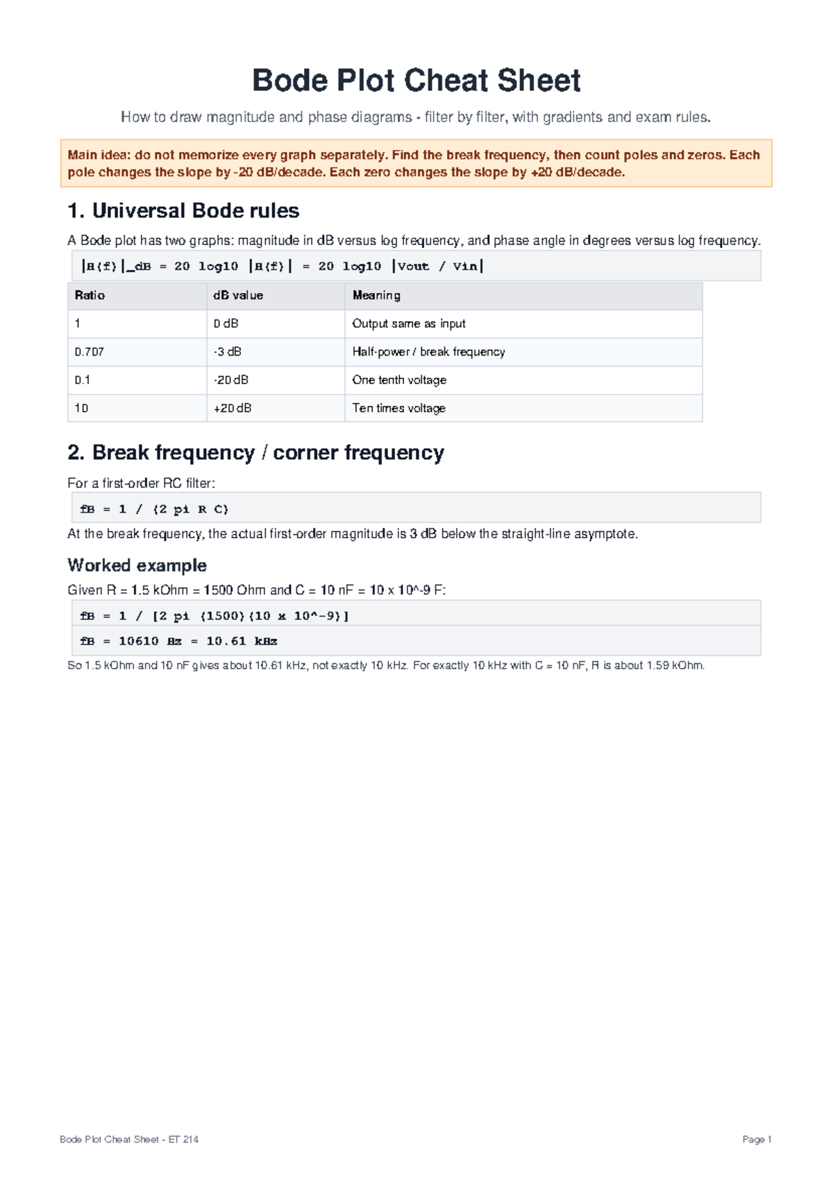 Bode Plot Cheat Sheet for ET 214: Magnitude & Phase Diagrams - Studocu