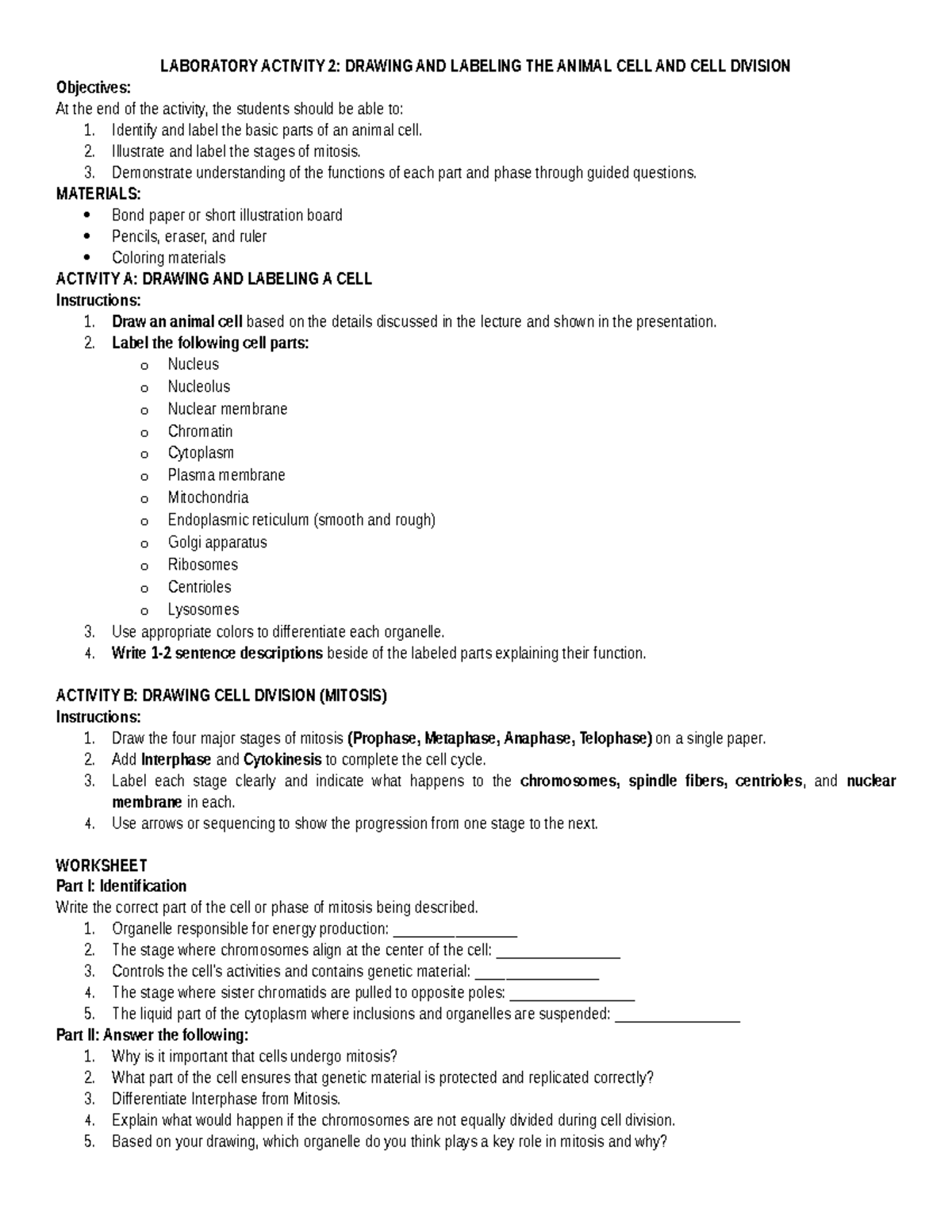 LAB ACTIVITY 2: DRAWING & LABELING ANIMAL CELL & MITOSIS - Studocu
