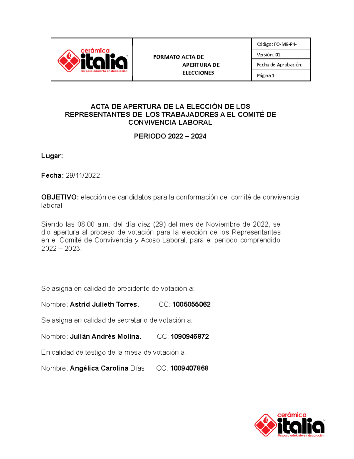 Acta de Elecciones y Reuniones del Comité de Convivencia Laboral 2022-2024 - Studocu