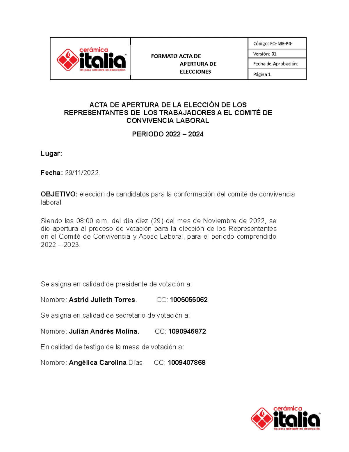 FT-SST-020 Formato Acta de Constitución del Comité de Convivencia Laboral - FORMATO ACTA DE ...