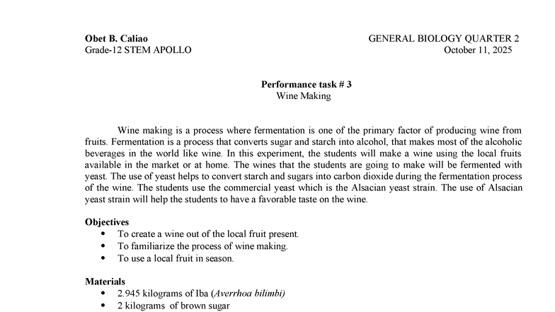 STEM APOLLO BIOLOGY Q2: Performance Task 3 - Wine Making - Studocu