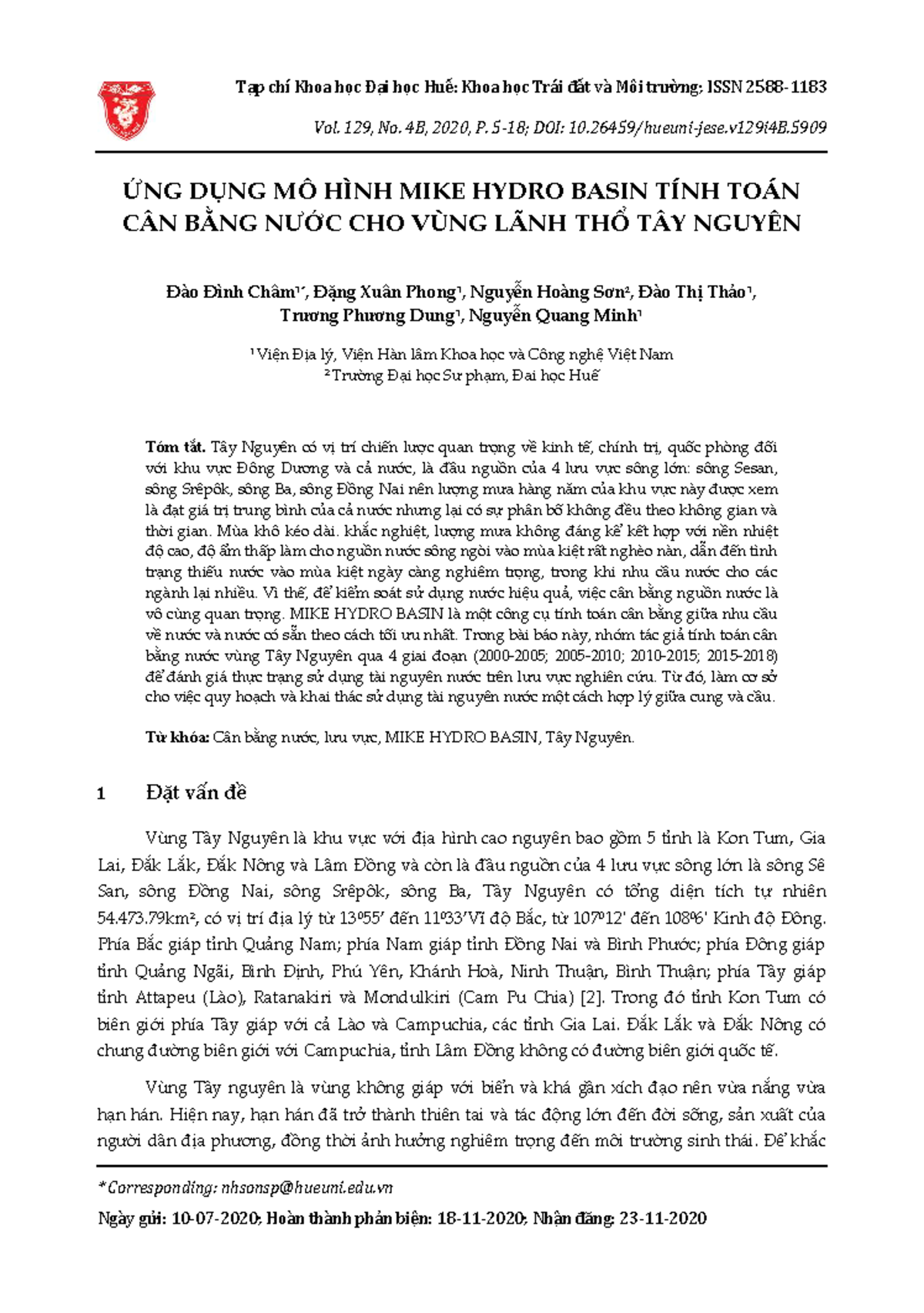 ỨNG DỤNG MÔ HÌNH MIKE HYDRO BASIN TÍNH TOÁN CÂN BẰNG NƯỚC TÂY NGUYÊN ...