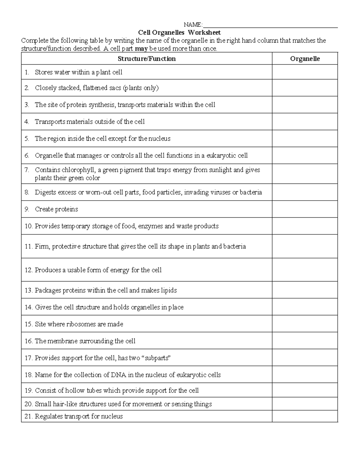 Cell Organelles Worksheet 24: Structure/Function Matching Activity ...