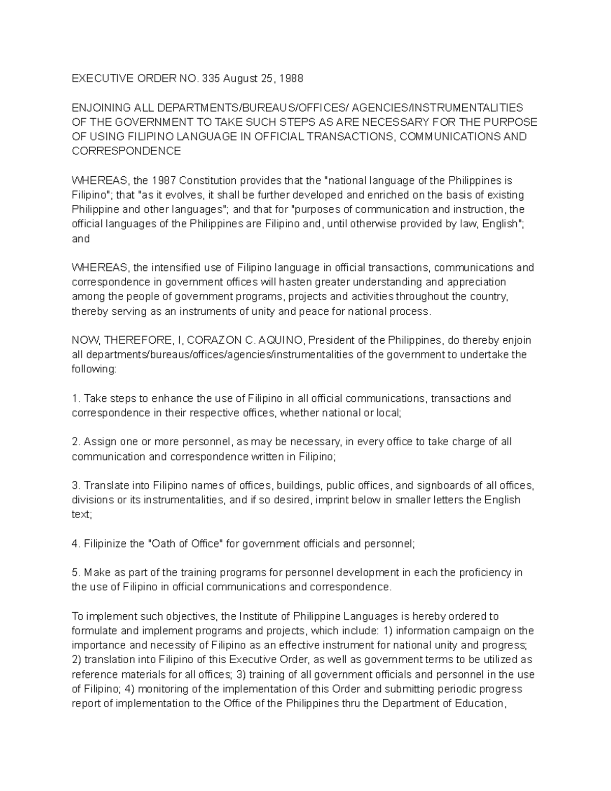 Executive Order No. 335: Promoting Filipino in Official Communications ...