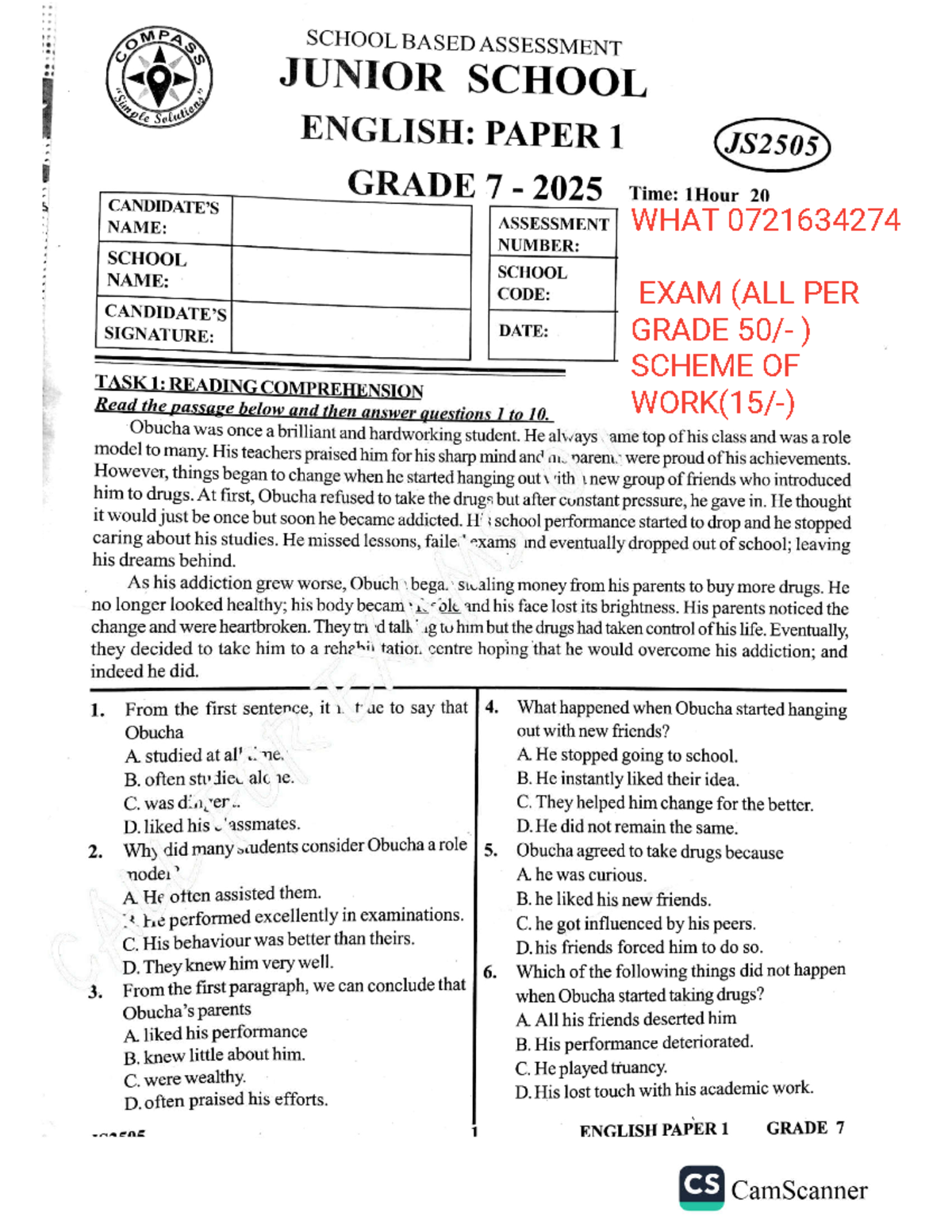 COMPAS SCHOOL BASED ASSESSMENT ENGLISH PAPER 1 & 2 JS2505 GRADE 7 2025 ...